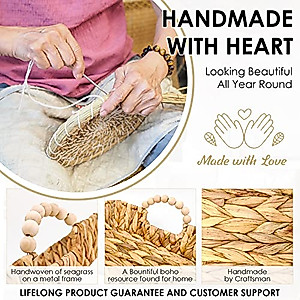 Decorative Tray Square Woven Storage Baskets with Wood Bead Handles Boho Coffee Table Decor Hand-Woven Wicker Serving Tray for Coffee/Fruit