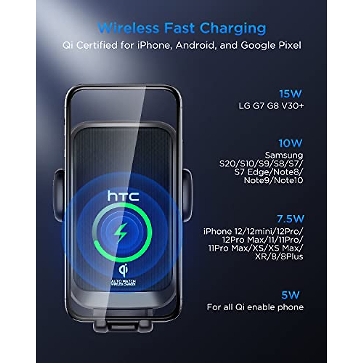 HTC Wireless Car Charger & Car Phone Holder 2 in 1, 15W Auto Clamping Cradle Qi Fast Charging Car Air Vent Phone Mount Compatible with iPhone 13/13 Pro/12 Pro Max, Samsung Galaxy S22 S20 10+ S9+S8