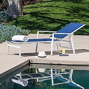 Hanover Blue Naples Outdoor Folding Chaise Adjustable Backrest | Patio and Poolside Lounging Chair | UV and Weather-Resistant Sling Fabric | NAPLESCHS-W-NVY, 1 Piece, White/Navy