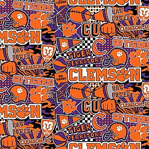 SYKEL ENTERPRISES Clemson University Tigers Cotton Fabric with Pop Art Graffiti Print-Sold by The Full Yard