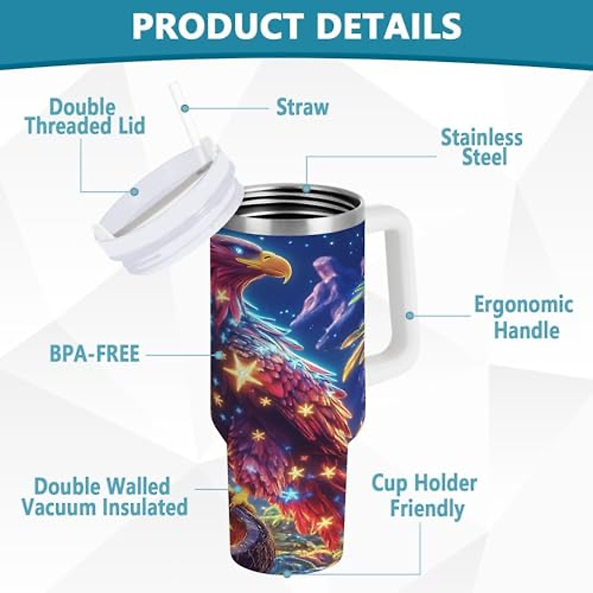Slewiaeky Tumbler with Handle 40 oz Adorable Hawk Animal America Travel Mug with Lid and Straw Stainless Steel Vacuum Insulated Water Bottle Cup for Iced Tea Coffee Cold Beverages Cup Holder Friendly
