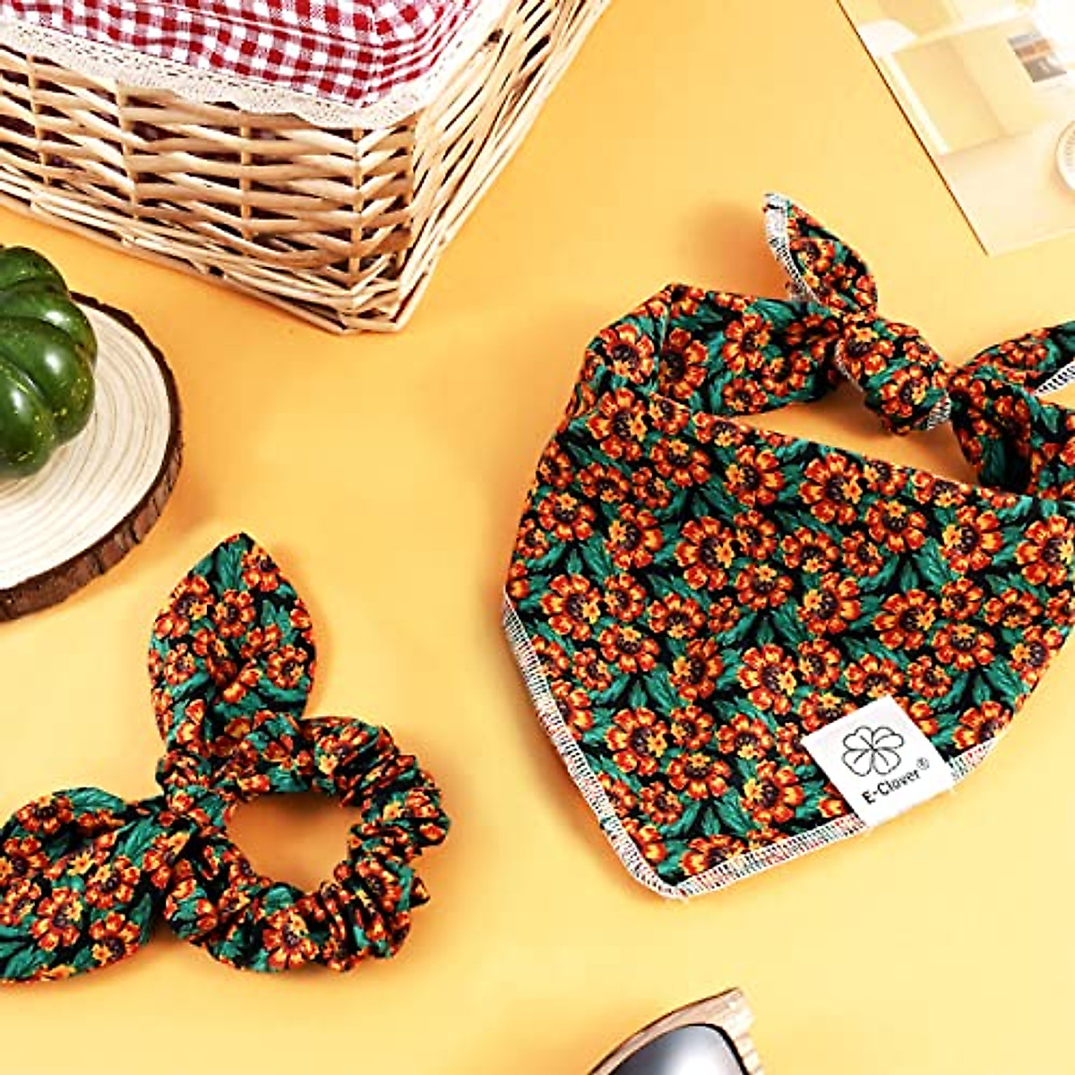 E-Clover Fall Dog Bandana & Matching Scrunchie Set Floral Dog Scarf Bibs with Bow Hair Tie for Small Dogs Puppy Owner Orange Green Gift