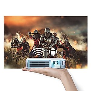 Outdoor Ultra Portable Pico Projector EZCast Beam J4a | WiFi Bluetooth Projector, Android 10, Supports Netflix, Battery for 4 hrs on a Playtime, DLP, 300 ANSI, 100" Displays, Compatible w/ HDMI, USB