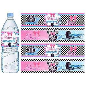 Cheereveal 28PCS Burnouts or Bows Gender Reveal Water Bottle Labels, Beverage Juice Drink Bottle Stickers Birthday Baby Shower Party Decoration