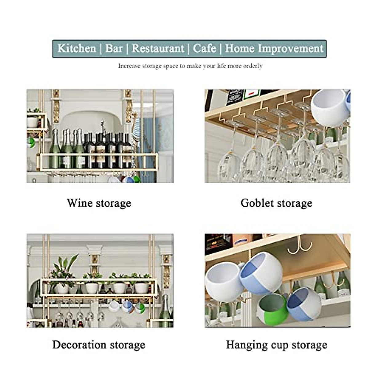 SXTBWFY Wine Racks Ceiling Mounted Hanging Wine Bottle Holder, Champagne Glass Iron Rack, Adjustable Height, Bar Unit Floating Shelves Storage Shelf, Bar Home Decor,Gold (Size : 120x25x21cm)