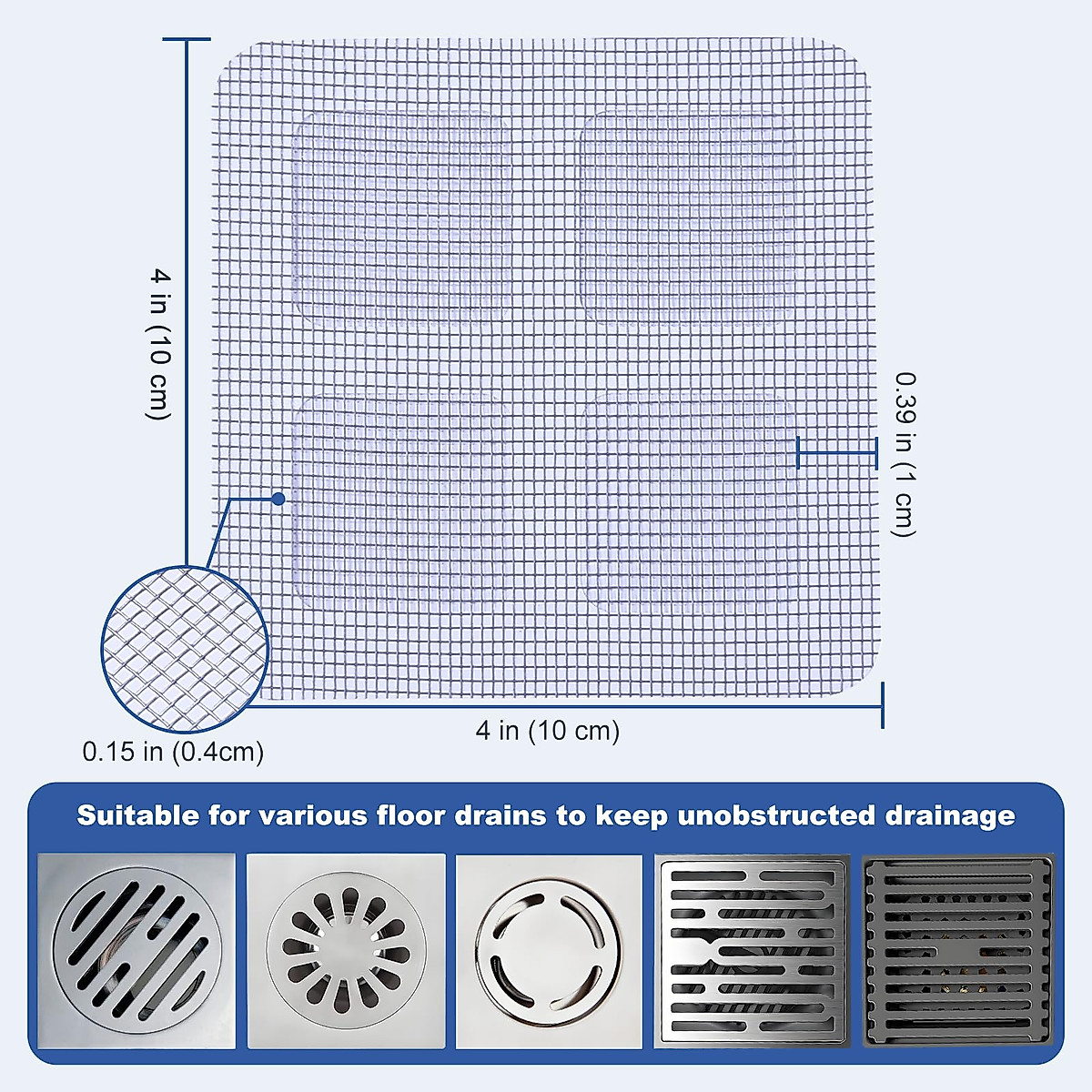 PASAGLU Disposable Drain Hair Catchers, 4" X 4" Disposable Shower Drain Mesh Stickers, Floor Drain Stickers for Bathroom, Laundry, Bathtub, Kitchen, Sink, for Human and pet Hair (50, White)
