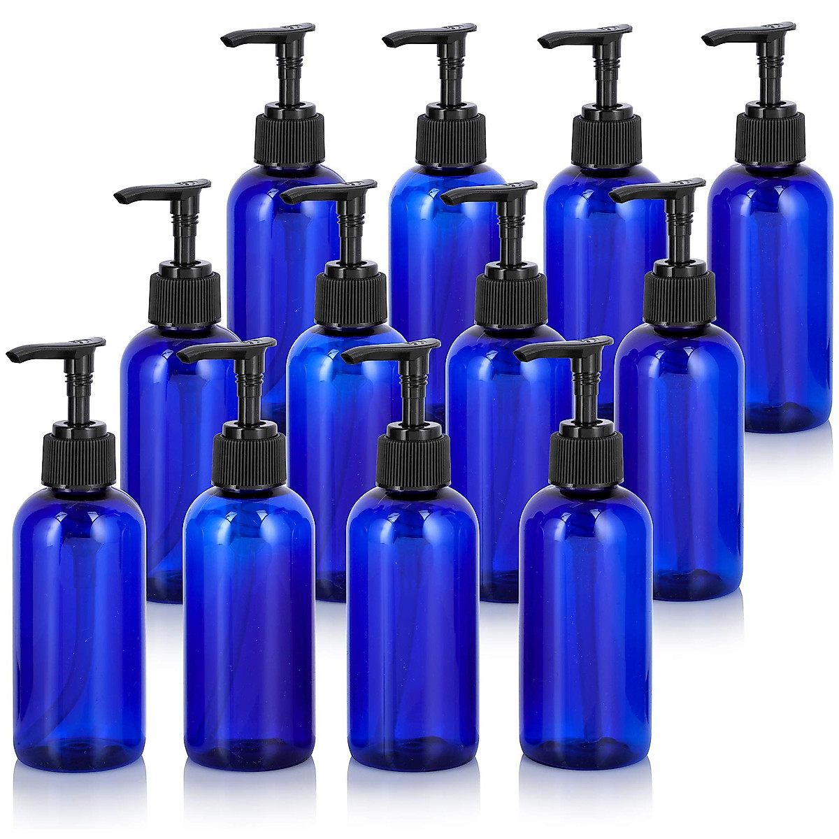 4 oz / 120 ml Cobalt Blue Boston Round PET Plastic Bottles with Black Lotion Pump (12 Pack)