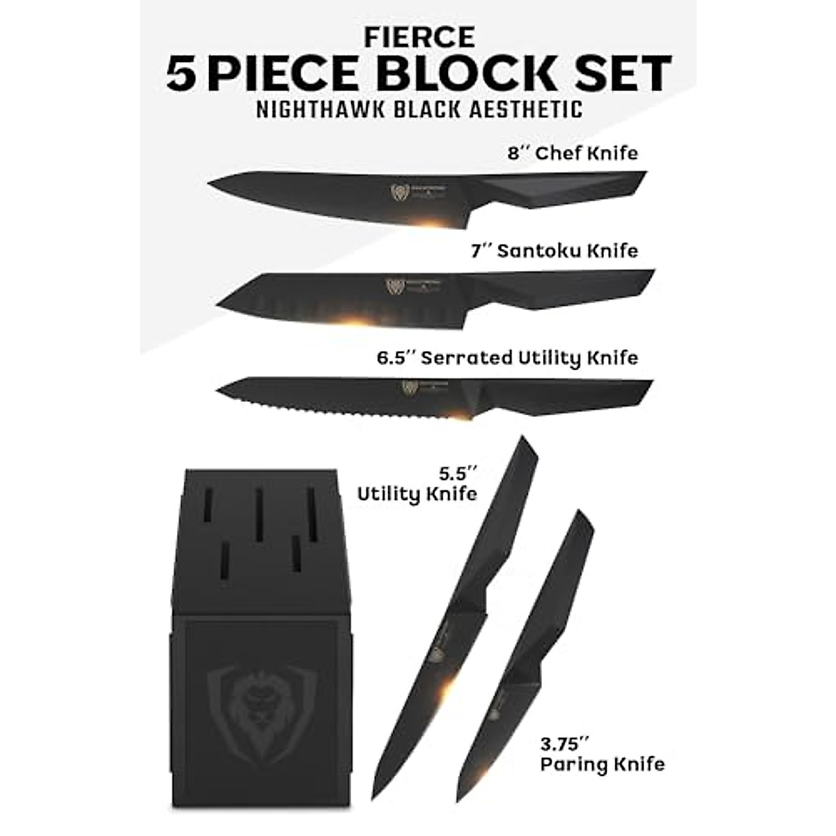 DALSTRONG Knife Block Set - 5pc - Shadow Black Series - Black Titanium Nitride Coated - High Carbon - 7CR17MOV-X Vacuum Treated Steel - Sheath - Kitchen Knife Set with Block - NSF Certified