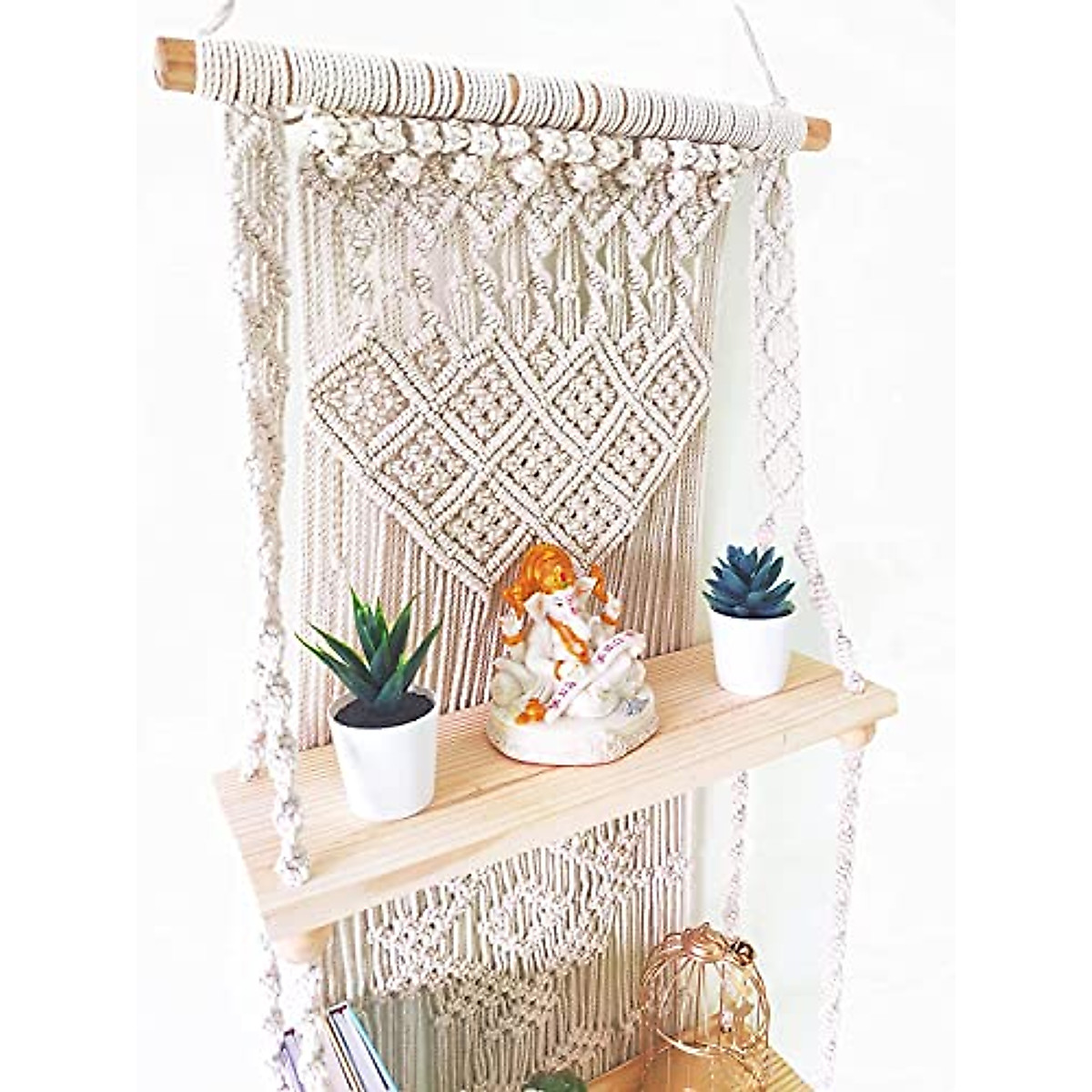 Induslyfe Tier 3 Tier 2 Macrame Wall Hanging Shelf Rack for Hanging Wall Decor Boho Shelf Wall Decor Plant Shelf, Boho White Hanging Shelf Woven Rope for Bedroom, Book
