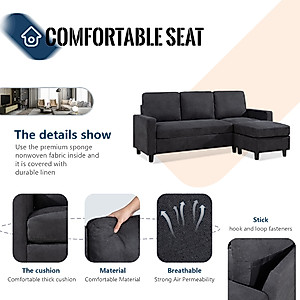 JY QAQA Convertible Sectional Sofa Couch, L-Shaped Couch with Modern Linen Fabric 4-Seat Wide Reversible Chaise for Small Space（Charcoal）