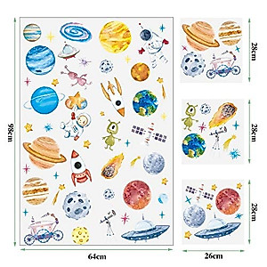 6 Sheets Space Astronaut Spacecraft Wall Decal Space Planet Wall Sticker Solar System Wall Decals Galaxy Astronaut Rocket Alien Wall Mural for Boys Kids Classroom Nursery Bedroom Home Decoration