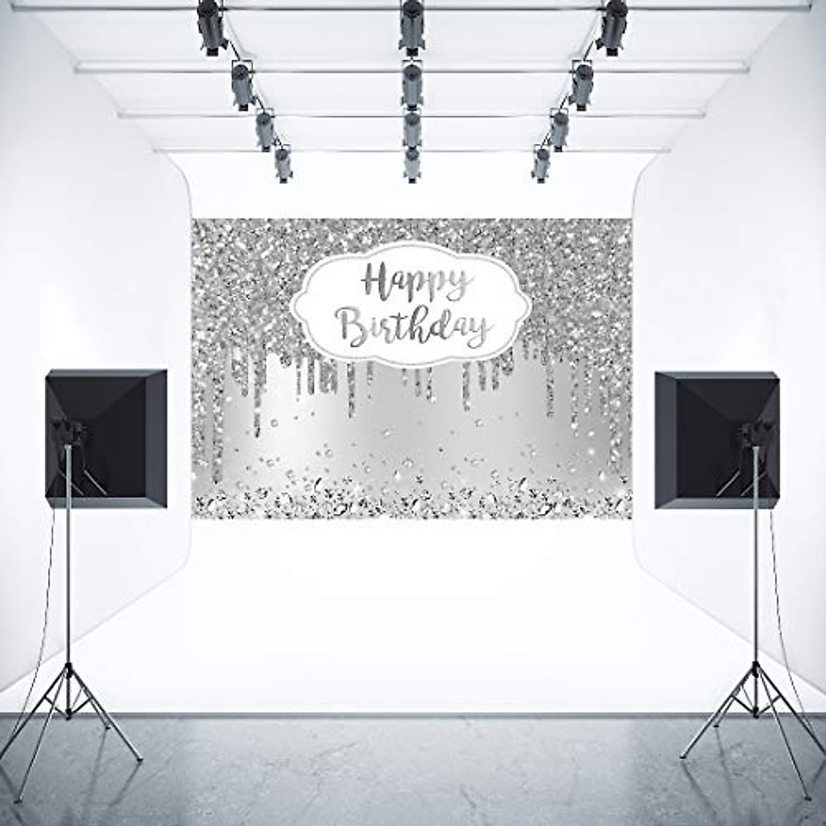 Aperturee 7x5ft Silver Happy Birthday Backdrop Glitter Diamonds Girls Sweet 16 18th 21st 30th 40th 50th Women Photography Background Banner Supplies Photo Booth Studio Props Party Decoration