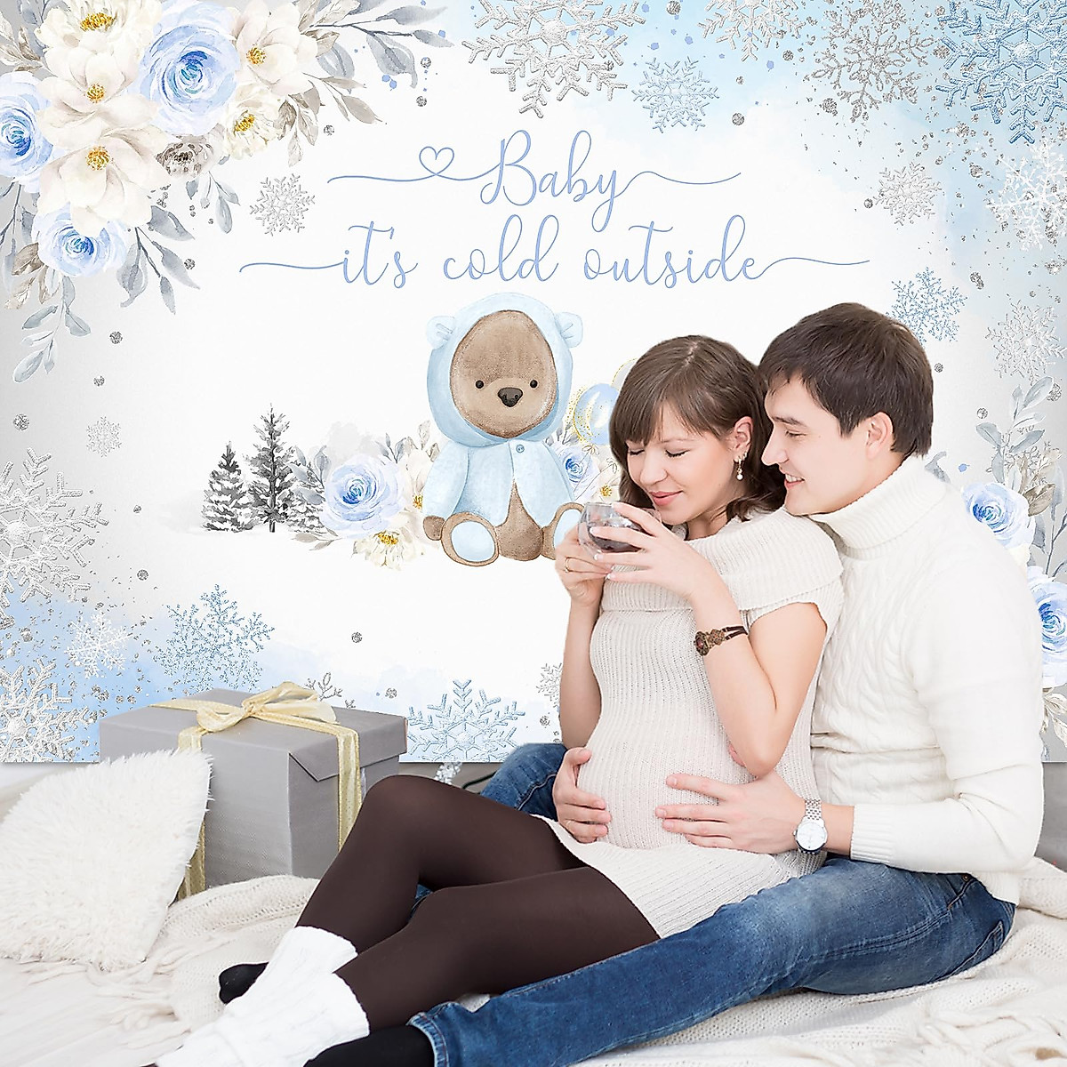 Avezano Winter Bear Baby Shower Backdrop for Boy Baby It's Cold Outside Party Decorations Photography Background We can Bearly Wait Blue Snowflakes Baby Shower Photoshoot (7x5ft)