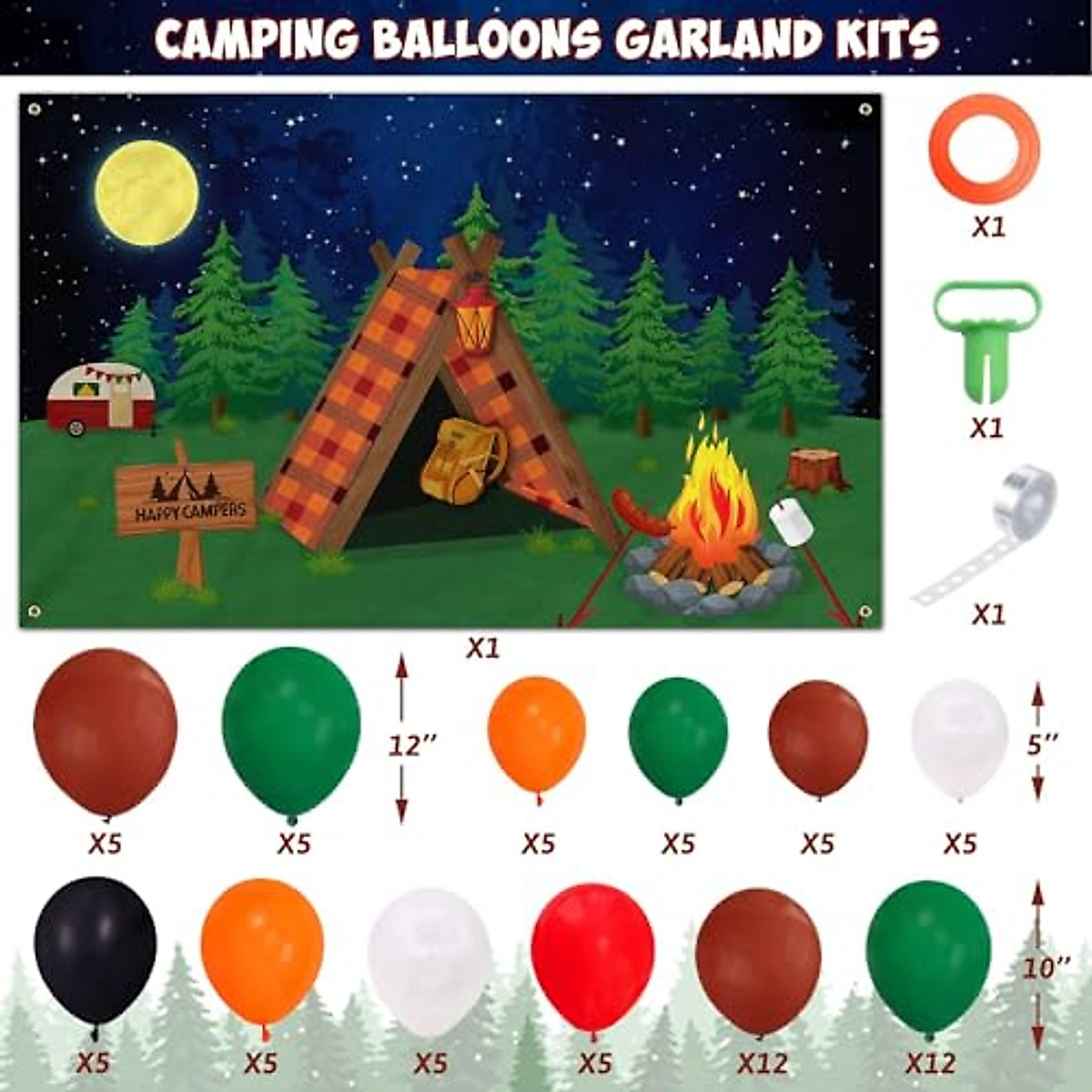 Vansolinne Camping Party Decorations Camping Adventure Happy Camper Night Forest Campfire Tent Scene Backdrop Banner & Balloons Garland Kit, Theme Birthday Classroom Decor Background Photo Props