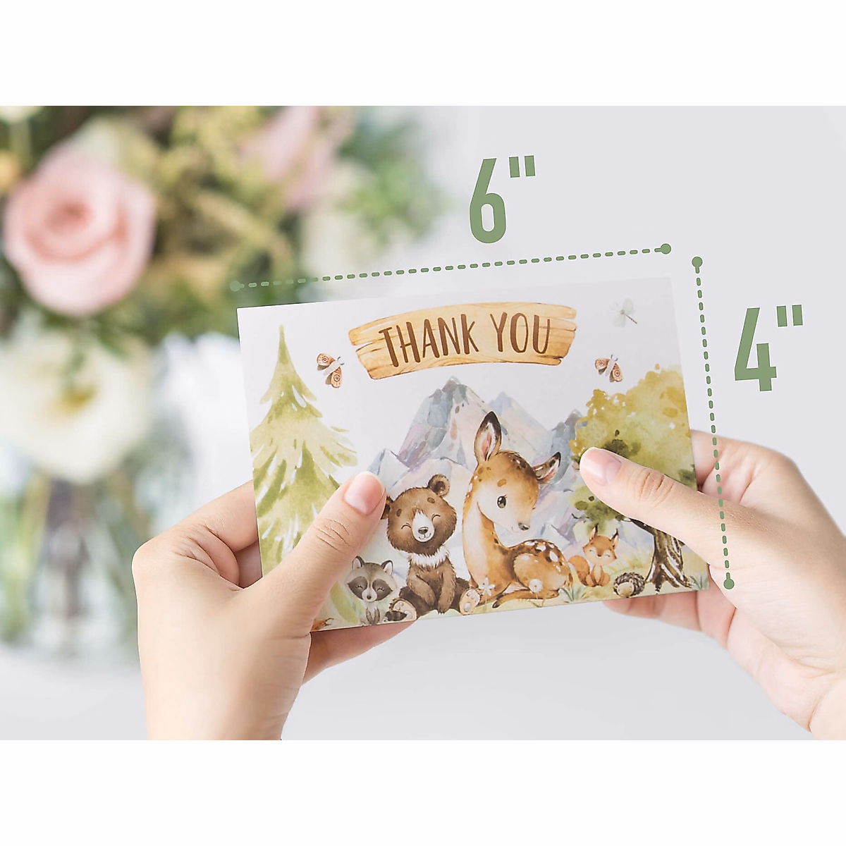 VNS Creations 50 Woodland Animal Thank You Cards, Bulk Forest & Mountain Creatures Thank You Notes w/Matching Lined Envelopes & Stickers, 4 x 6 in.