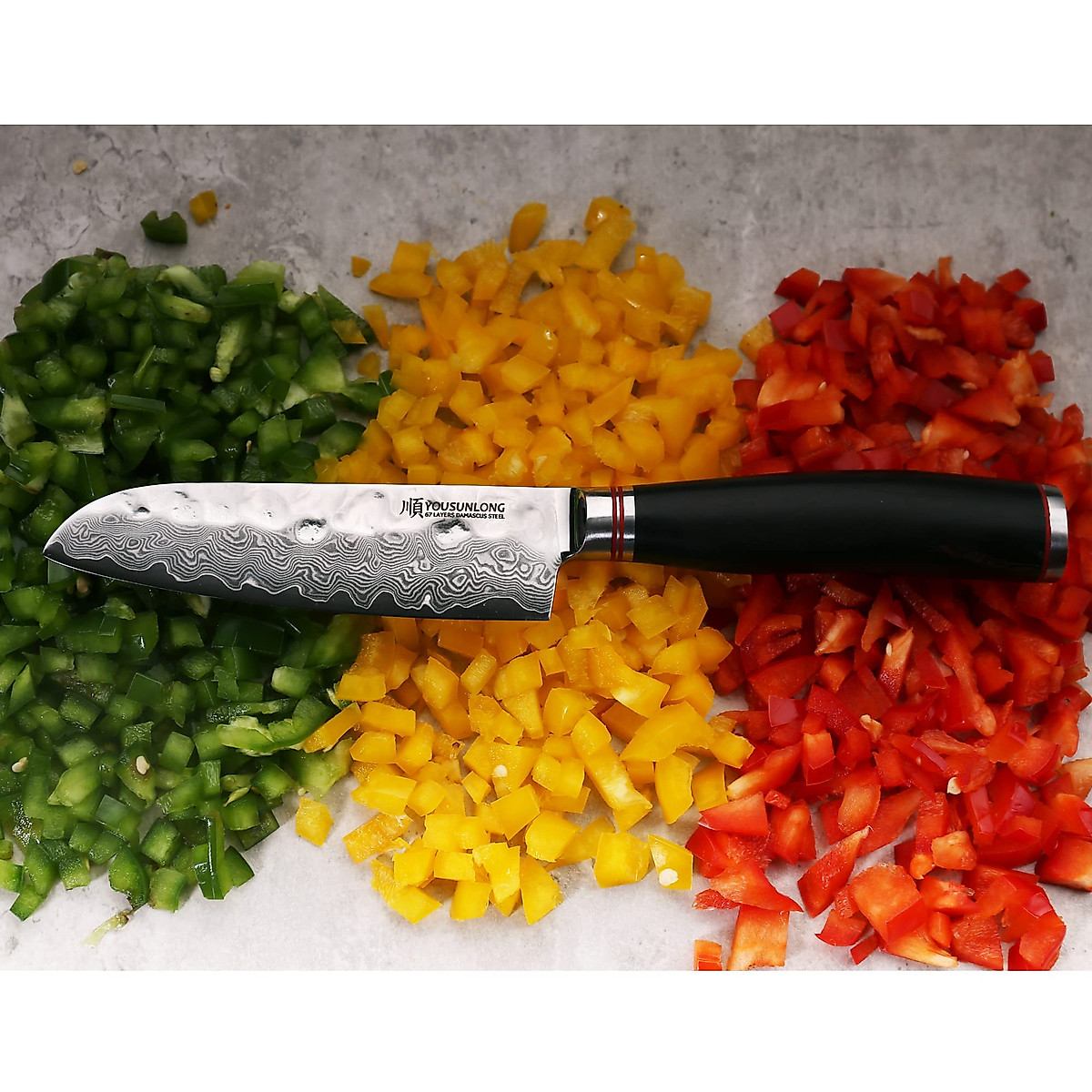 YOUSUNLONG Santoku Knife 5 inch Cutlery Knives Japanese 67 Layers Hammered Damascus Steel with Natural Leadwood