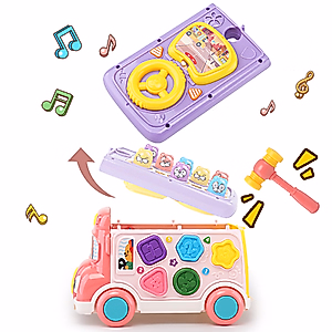 Music Activity Bus Baby Toy, Infant Education Learn Car, Sound & Light, Interactive Game, Shape Sorter, Animal Matching, Holiday Birthday Present for Toddler Kid Boy Girl 3 4 5 6 7 Years (Pink)