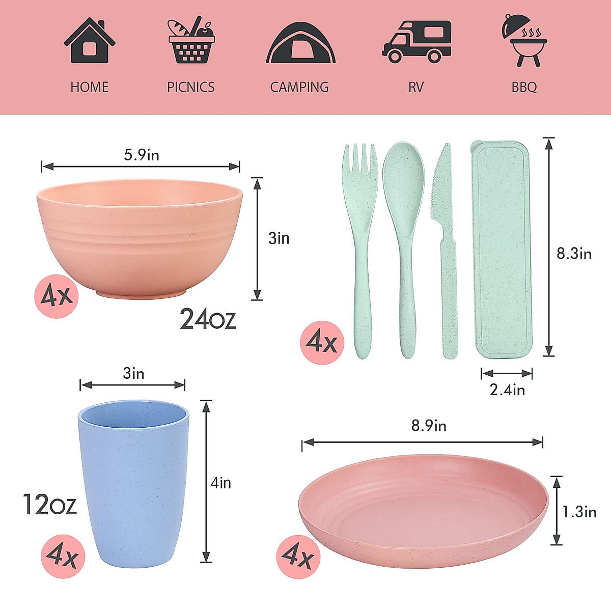 Wheat Straw Dinnerware Sets, 28PCS Plastic Plates and Bowls Sets College Dorm Room Essentials Dishes Set with Cutlery Set Microwave Safe (Colorful)