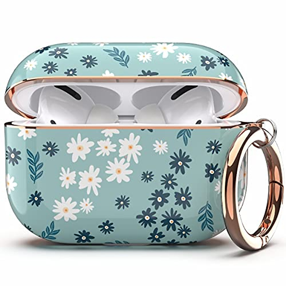 TATOFY Case Cover for AirPods Pro 2019,Stylish AirPods Pro Case for Women Girls, Flower Patterns Protective Hard Case with Clip (Cyan)