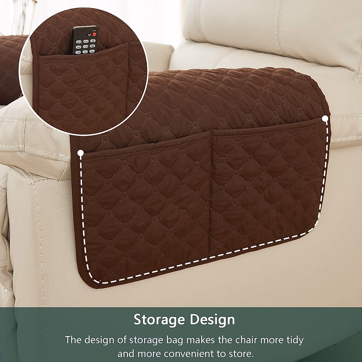 Biiouie 3 Pcs Recliner Couch Covers Arm Covers for Recliner Chair with Storage Pockets Headrest Cushion Armchair Slipcovers Sofa Towel for Recliner Sofa Couch Protector,Brown