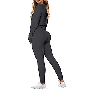 Fixmatti Women 2 Piece Outfits Long Sleeve Pullover Hoodie Jogger Pant Sweatsuit Set Dark Grey L