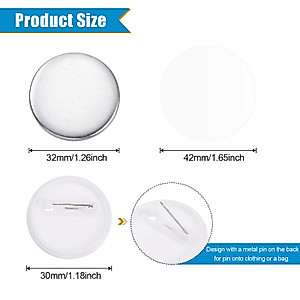 MECCANIXITY Blank Pin Back Button Parts, 32mm 1.26 Inch, 200 Set Sewing Buttons Round Metal Cover Plastic Button Back Clear Film for Button Maker Machine