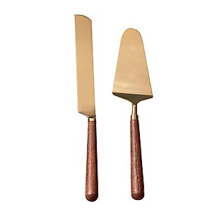 nestroots Cake Cutting Knife Server Serrated Knife Set Of 2 Dessert Server Gold With Mango Wood Handle