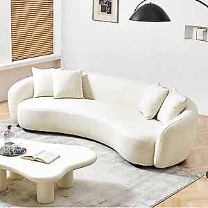 VnndeNest 101'' Sofa Couch, Modern Curved Half Moon Sectional Sofa, Teddy Fleece Boucle 5-Seat Sofa Couch with 4 Throw Pillows, Luxury Comfy Sofa for Living Room, Bedroom, Office, Apartment, Beige