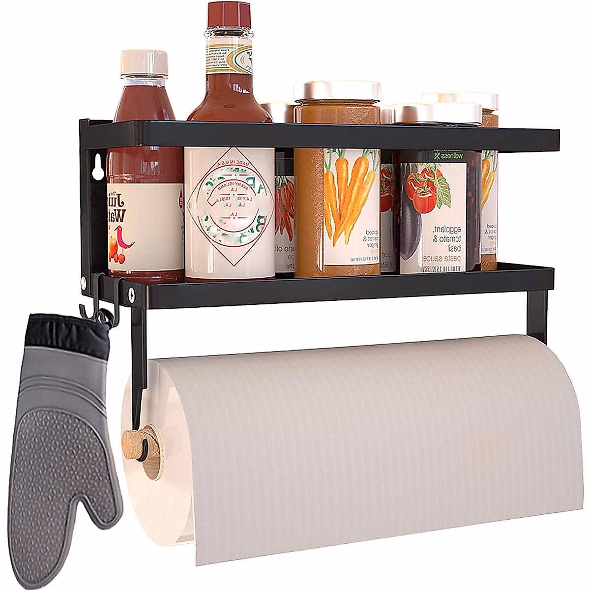 Magnetic Paper Towel Holder for Refrigerator, Magnetic Spice Rack,Magnetic Shelf for Stove,Wall Mount Towel Rack with Hooks,Refrigerator Organizer for Kitchen (Black)