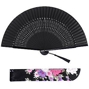 Lystaii 1pcs Folding Hand Fans for Women - Chinese Japanese Bamboo Vintage Silk Black Fan for Church, Gift, Wedding, Party，Dance, Performance, Music Festival