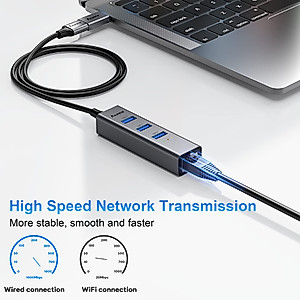 Aceele USB C to Ethernet Adapter, 3.3ft Long Cable, Aluminum USB-C Hub with 4 USB 3.0 Ports, Thunderbolt 3/USB-C to RJ45 Gigabit Ethernet LAN Network Adapter Multiport for MacBook Pro/Air, iPad Pro
