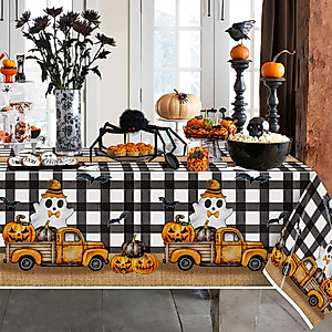 Haooryx 3 Packs Halloween Party Little Boo Tablecloth Decoration Set, Cute Ghost Bat Pumpkin Disposable Plastic Tablecloth, Cartoon Plaid Table Cover for Halloween Table Decor Party Supplies