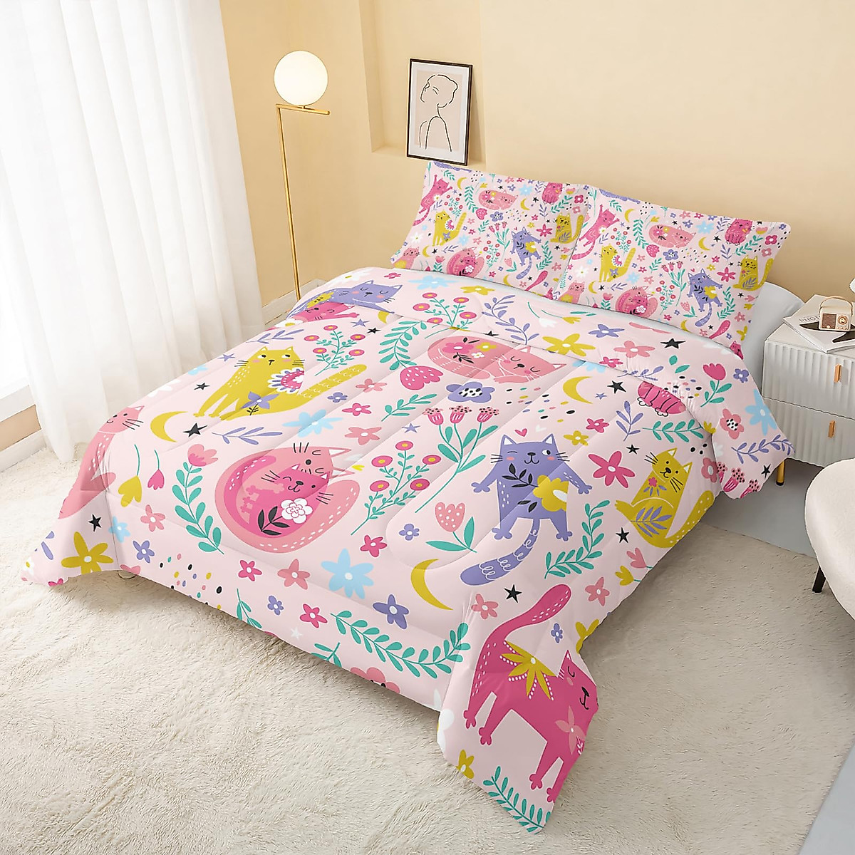QOOMO Floral Cat Comforter Twin Size,Pink Cat Comforter Set for Kids Teens Girls,3Pcs Bedding Set Printed Comforter with 2 Pillowcases,Down Alternative,Soft and Lightweight(Pink，Twin Size)