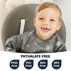 Tiny Twinkle Mess Proof Baby Bib, Cute Full Sleeve Bib Outfit, Waterproof Bibs for Toddlers, Machine Washable, Tug Proof Closure, Baby Smock for Eating, Long Sleeved (Space, Small 6-24 Months)