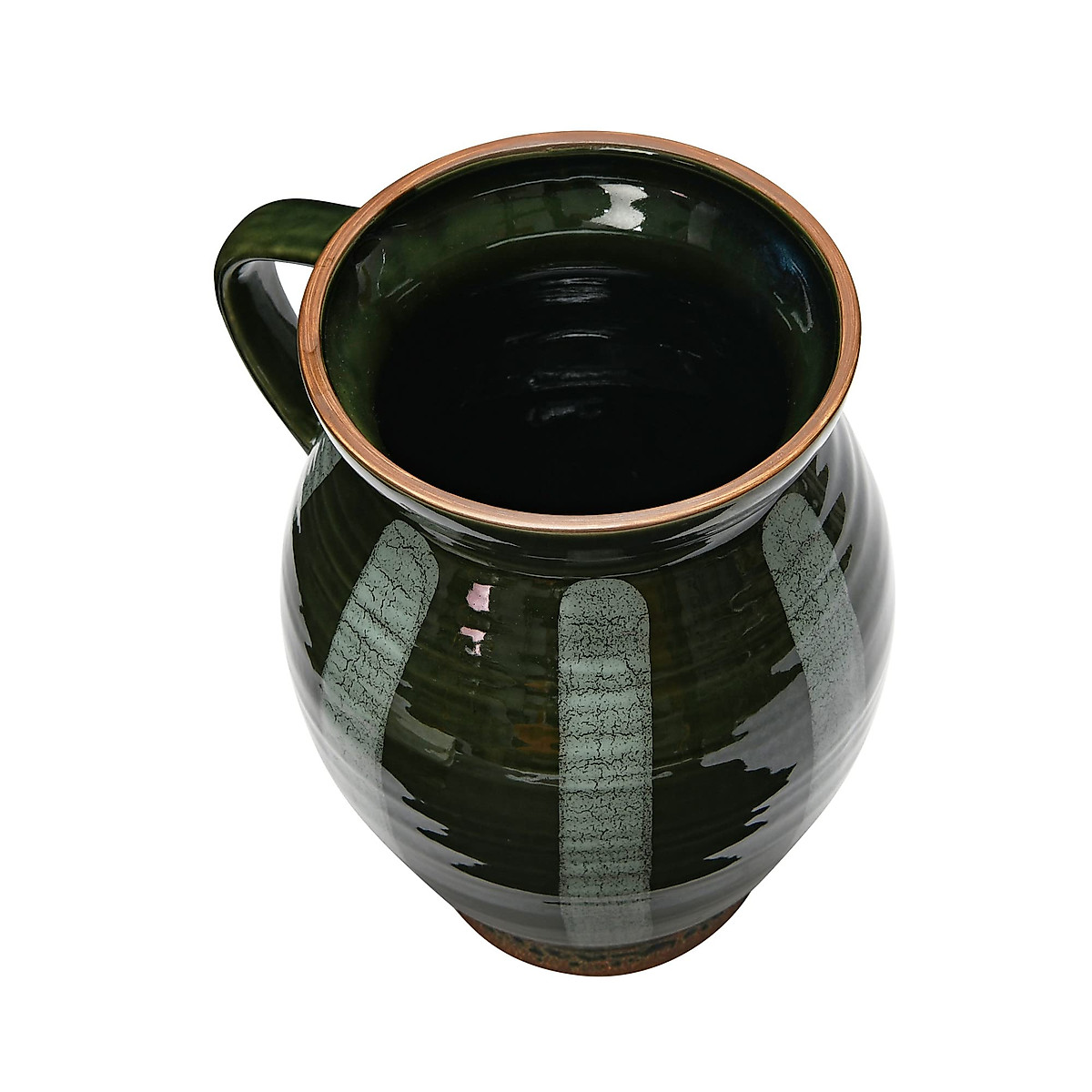 Creative Co-Op Hand Painted Striped Stoneware Pitcher, Green and White Serveware, 9"L x 7"W x 10"H, Green & White