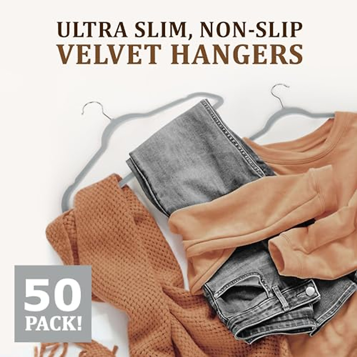 Premium Velvet Hangers 50 Pack, Heavy Duty Study Gray Hangers for Coats, Pants & Dress Clothes - Non Slip Clothes Hanger Set - Space Saving Felt Hangers for Clothing