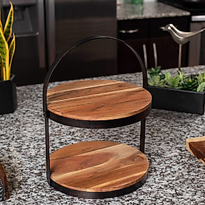 BIRDROCK HOME 2-Tier Cupcake and Cake Stand with Handle - Wood Iron Dessert Serving Tray - Rustic Farmhouse Dessert Stand - Modern Party Tiered Server - Table Kitchen Home Display - Round