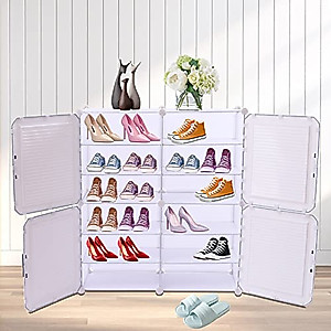6 Layers 24 Pairs Portable Shoe Rack DIY Shoe Storage Shelf Organizers Cabinet with Doors White Shoe Organizer for Entryway Shoe