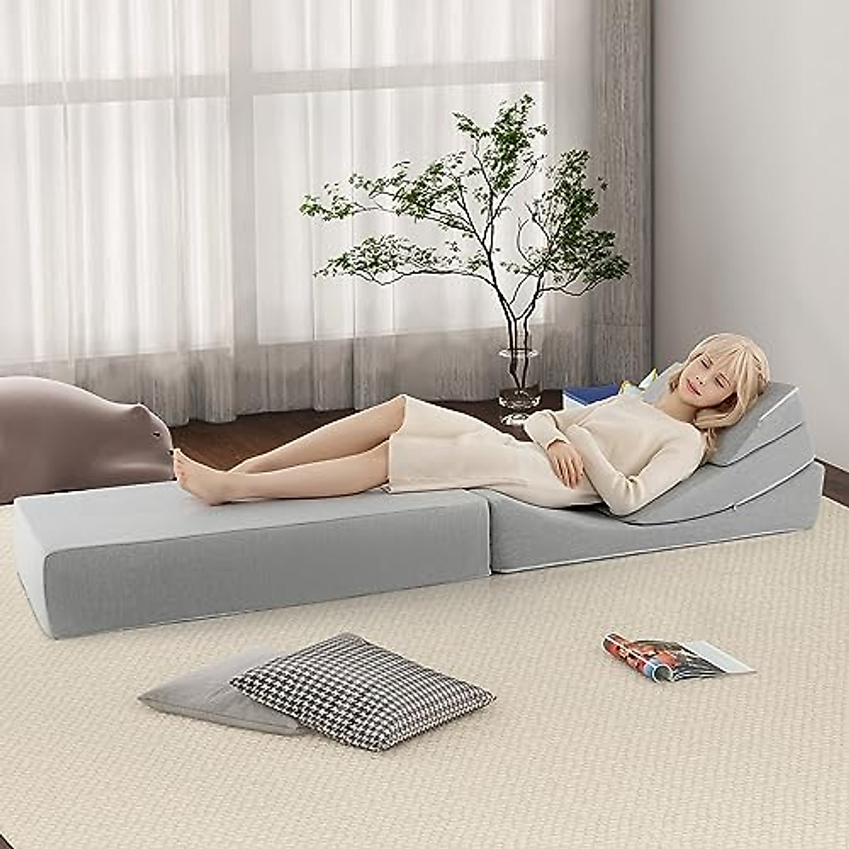 Giantex Convertible Folding Sofa Bed, 4-in-1 Floor Futon Sleeper Chair with High-Density Foam, Removable & Washable Linen Fabric Cover, Foldable Single Couch Bed for Living Room, Guest Use, Road Trip