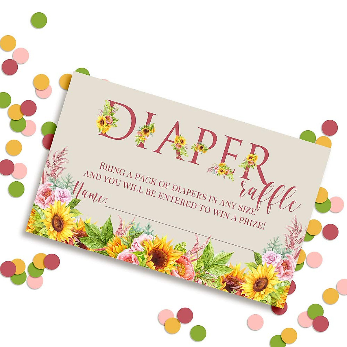 Amanda Creation Watercolor Sunflower & Peony Floral Spring Diaper Raffle Tickets for Baby Showers, 20 2" X 3” Double Sided Inserts, Bring a Pack of Diapers to Win Favors & Priz