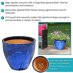Sunnydaze Large Ceramic Planter - Indoor or Outdoor Plant Pot with Drainage Holes - Imperial Blue Glaze Finish - 13" - Resort