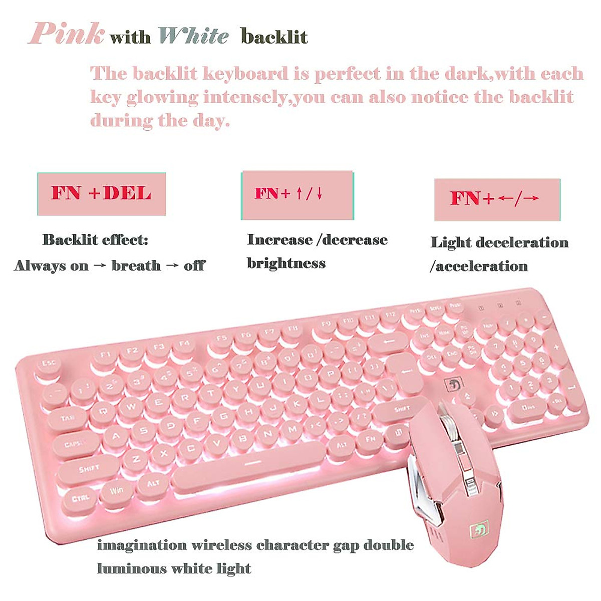 Gaming Keyboard and Mouse,Soke-Six 2.4G Wireless Retro Punk Typewriter-Style Backlit Keyboard Mice Combo,4800mAh Battery,Mechanical Feel,Anti-ghosting,Crystal Panel Round Keycaps (Pink+White Light)
