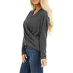 EVALESS Womens Casual V Neck Wrap Long Sleeve Knit Pullover Tops Sweater Shirts Gray M