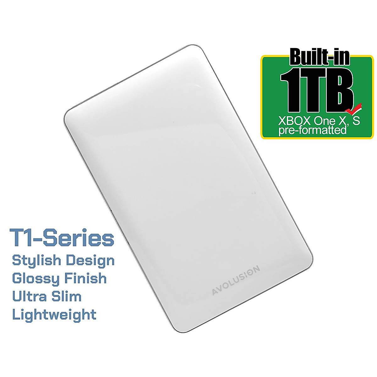 Avolusion T1 Series 1TB USB 3.0 Portable External Gaming Hard Drive (for Xbox One X, S & Series X|S - Pre-Formatted) White