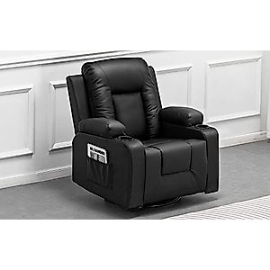 COMHOMA Leather Recliner Chair Modern Rocker with Heated Massage Ergonomic Lounge 360 Degree Swivel Single Sofa Seat with Drink Holders Living Room Chair Single (Black)
