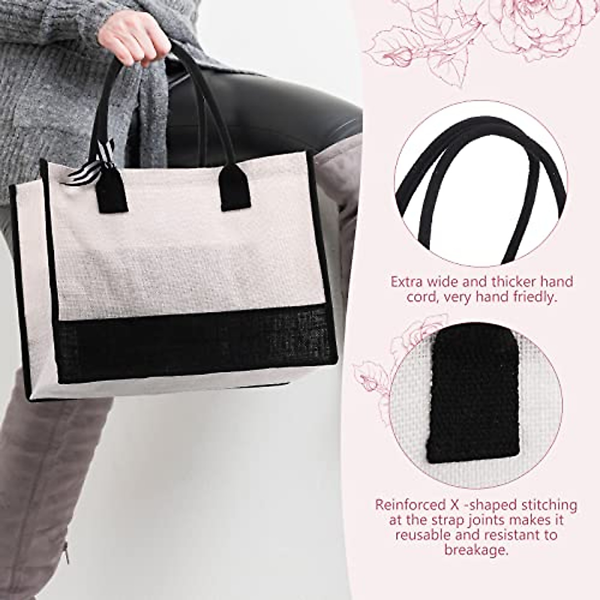 Reginary 12 Pack Burlap Tote Bags Bulk, White Black Large Burlap Tote Bags with Handles, Jute Tote Gift Bags, Blank Tote Bags for Women Shopping DIY Beach Bridesmaid Wedding, 15.8 x 11.8 x 6.7 Inches