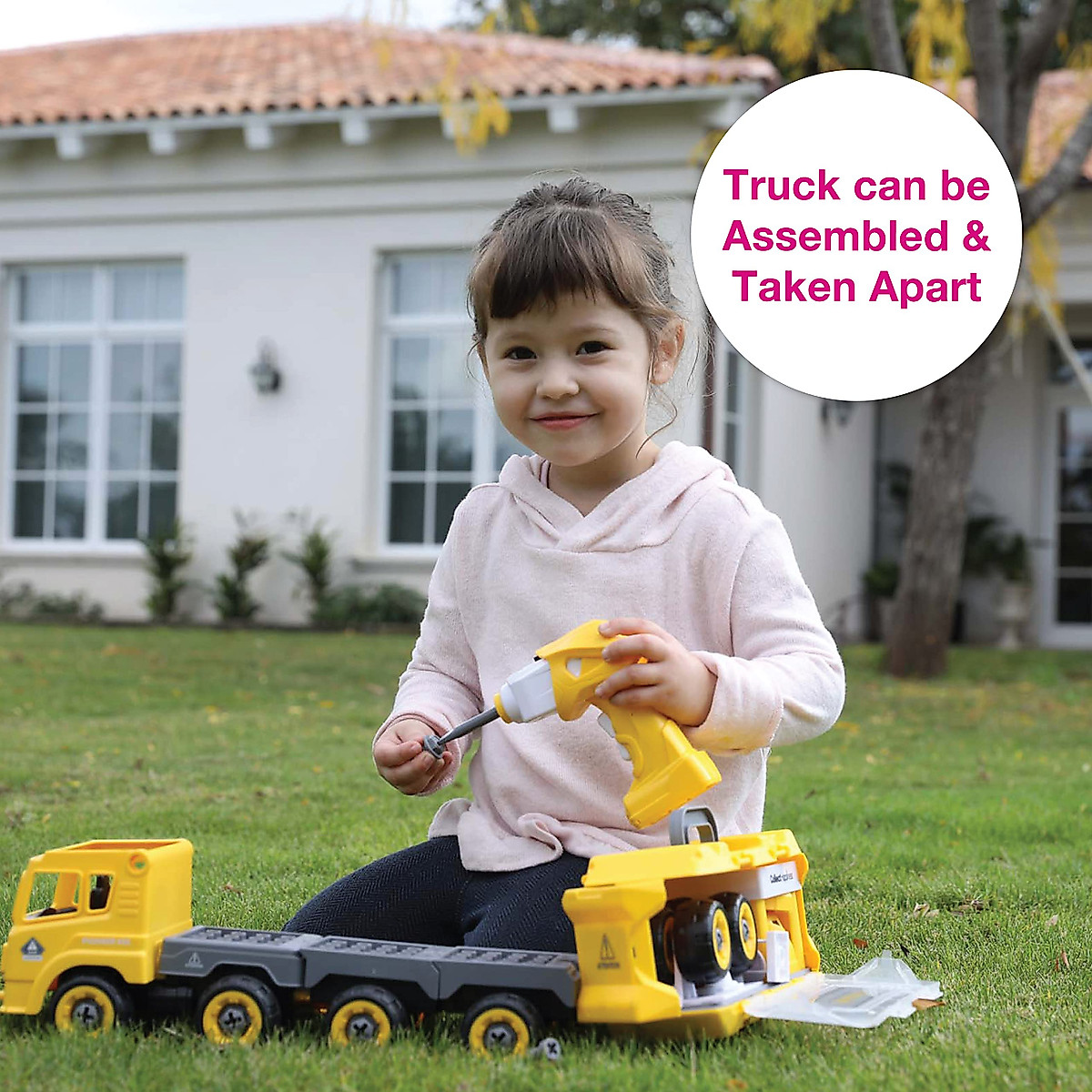 Edushape Remote Control Take Apart, Construction Truck, Assemble, Take Apart, Rebuild, And Drive Use The Powered Drill For All 31 Toy Parts - Includes Lights, Sound & Toy Drill DIY Fun - STEM Learning, Yellow (408014)