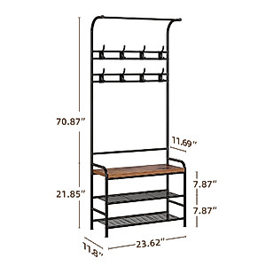 IDEALHOUSE Hall Tree, Entryway Bench, Coat Rack Freestanding Shoe Bench, 3 in 1 Hall Tree Entryway Storage Bench, Multifunction Bench with Steel Frame, 8 Large Hooks, 3-Tier Storage Shelf