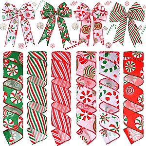 Yingzhao 6 Rolls 30 Yards Christmas Candy Peppermint Wired Edge Ribbon Christmas Candy Ribbon Burlap Ribbon Red Green Candy Cane Fabric Craft Ribbon For Christmas Tree Decoration Gift Wrapping Wreaths