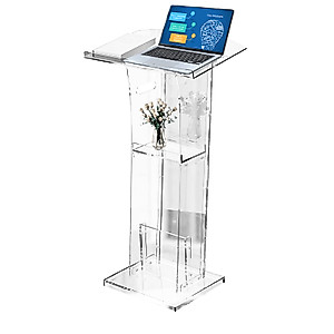 KSacry Acrylic Clear Podium Stand with Storage Shelf,Plexiglass Pulpits for Churches,Conference,Speeches,Weddings,Classroom,Professional Presentation Podiums (23.6" L X 17.7" W X 43" H, Transparent)